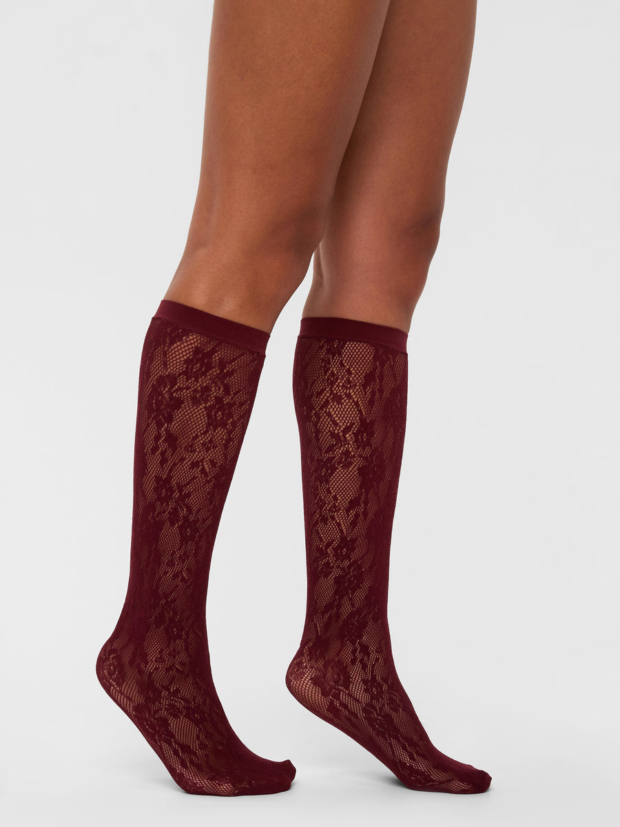 So Tight | Floral Net Knee-Highs | Bordeauxrode Bloemen Net Kniekousen
